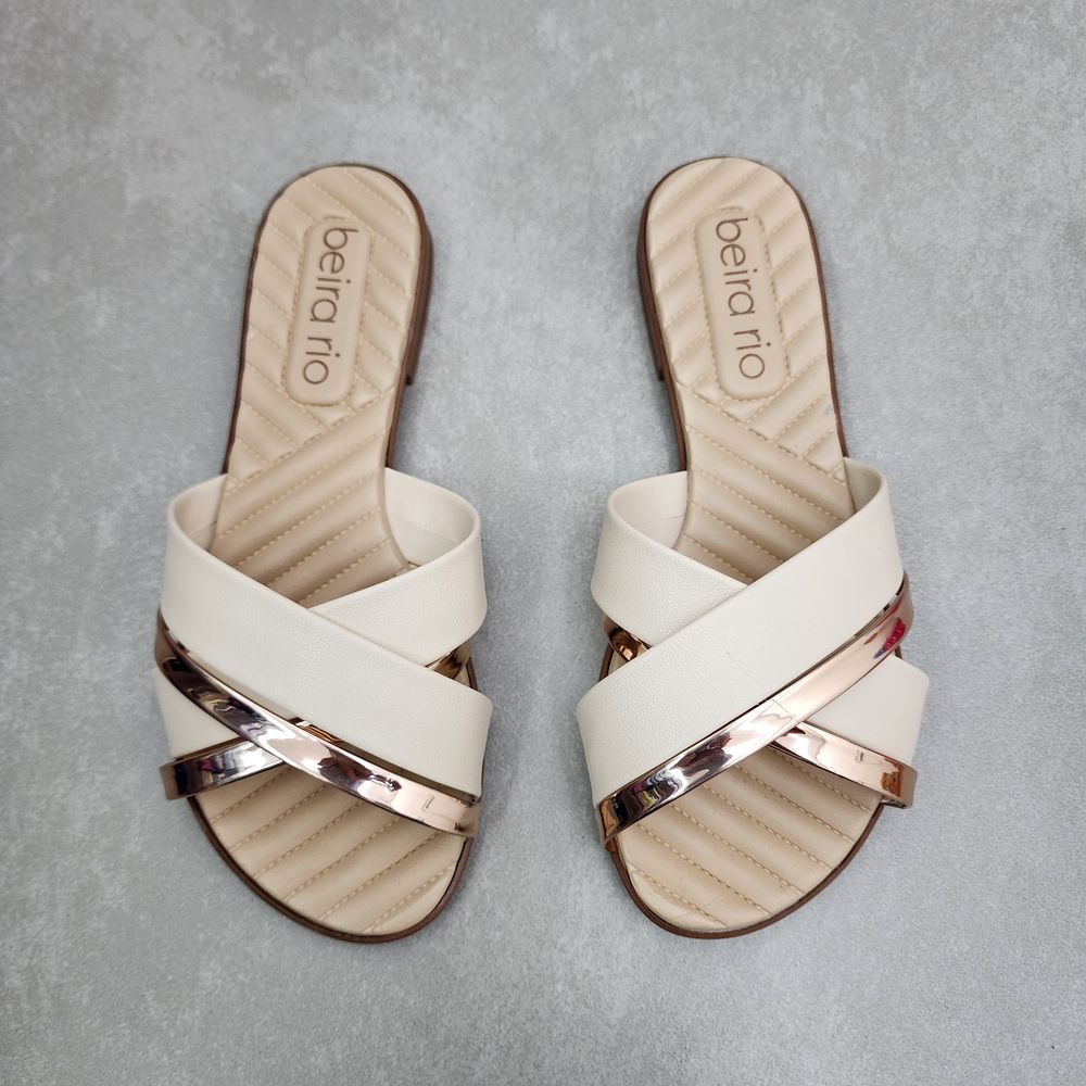 Rasteira Beira Rio em X Metalizado - Nude - Vanda Calçados