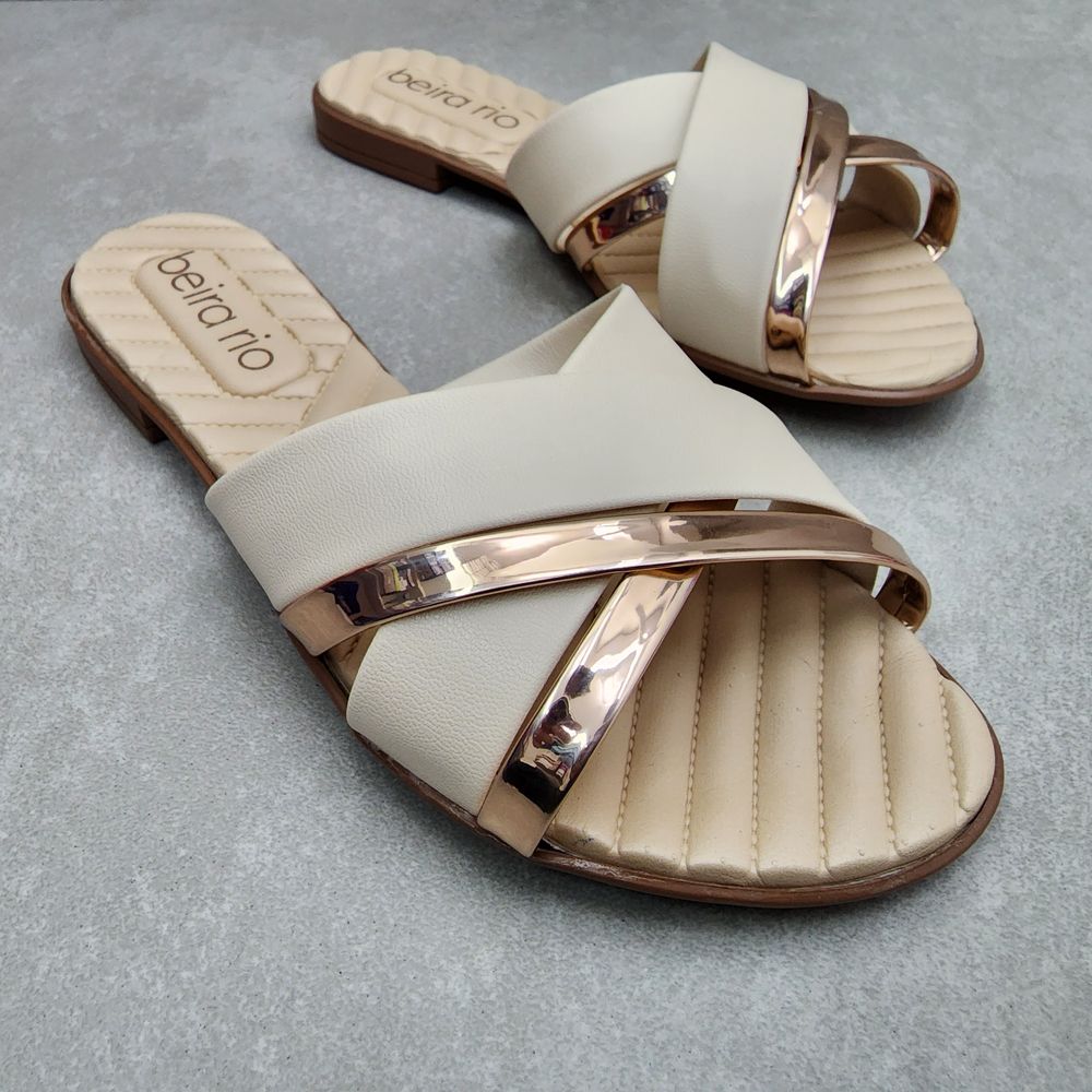 Rasteira Beira Rio em X Metalizado - Nude - Vanda Calçados